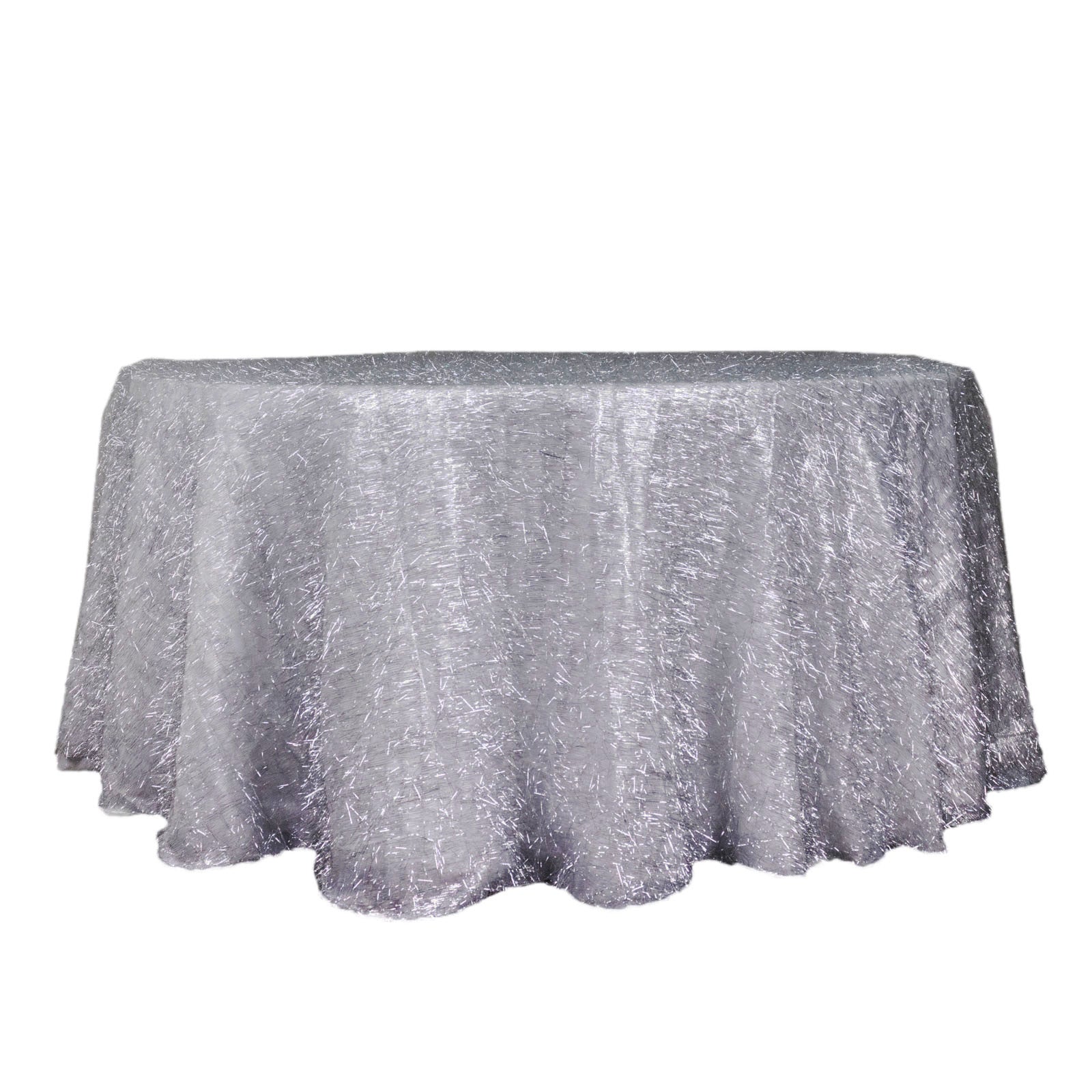 120" Silver Tinsel Shag Round Tablecloth | tcflinen.com