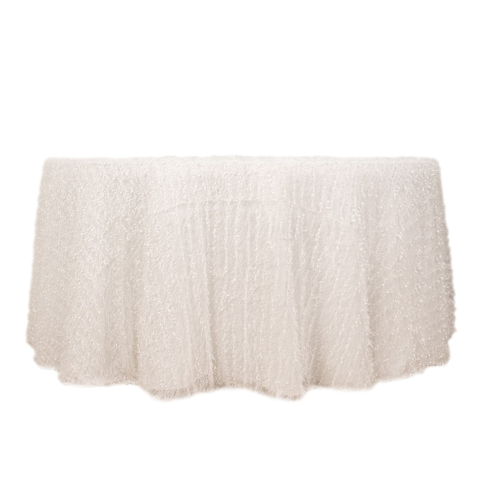 120" White Fringe Shag Polyester Round Tablecloth | tcflinen.com