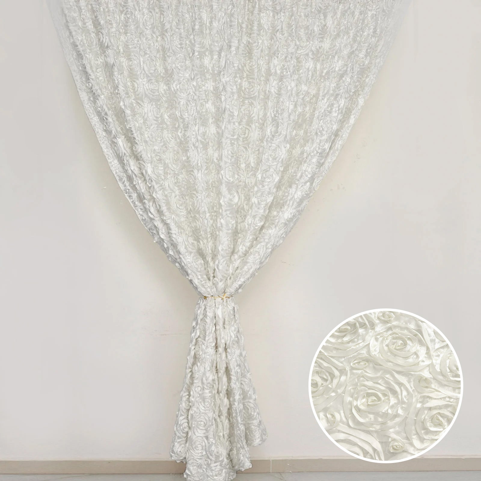 Ivory Satin Rosette Event Curtain 8ftx8ft | tcflinen.com