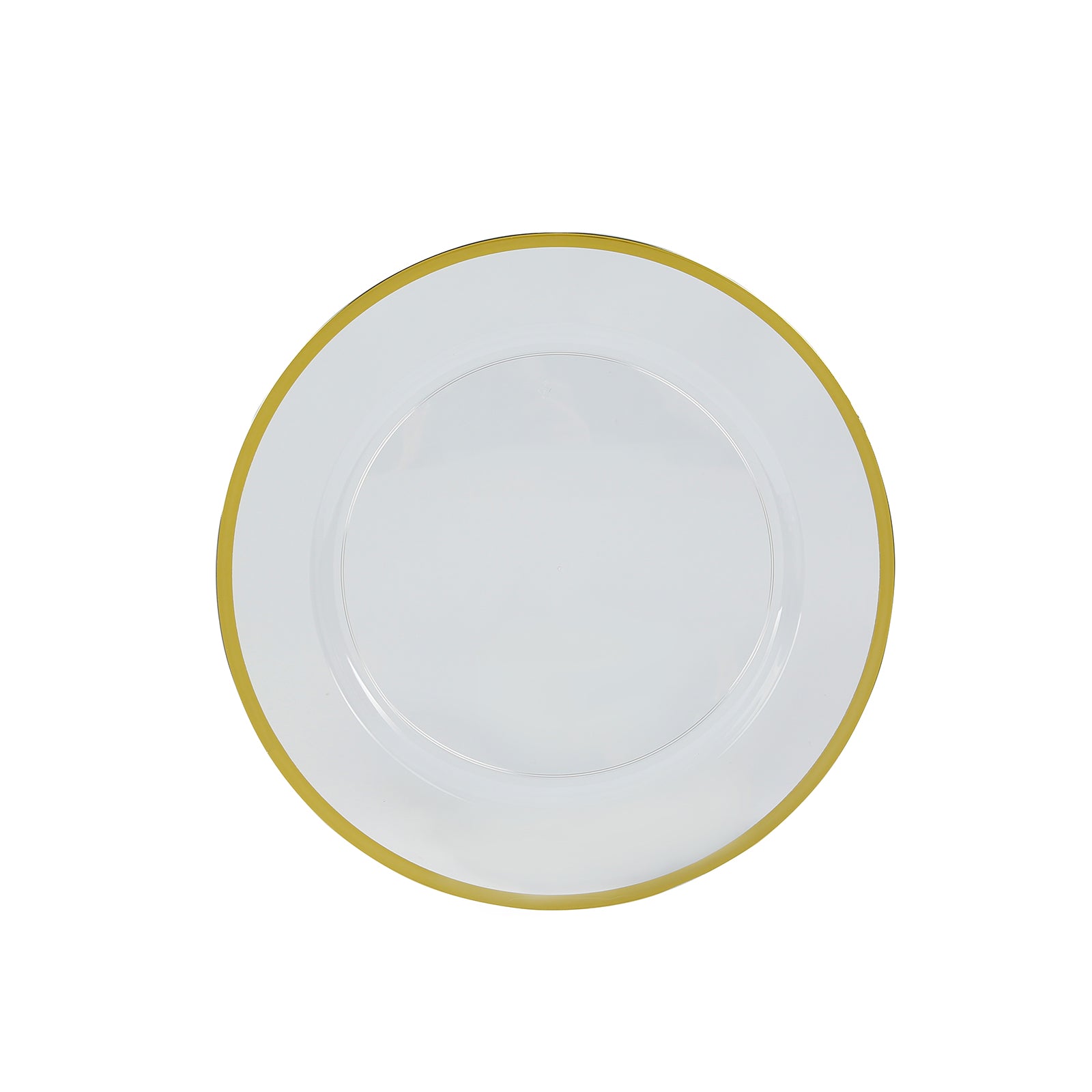 Clear Plastic Charger Plates, Gold Rim, 12" | tcflinen.com