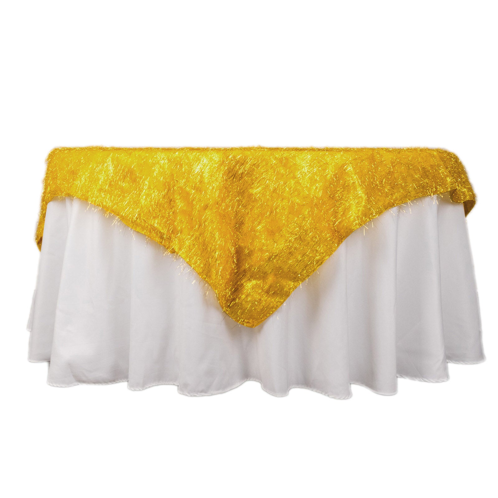 72"x72" Gold Metallic Fringe Shag Tinsel Polyester Overlay | TCFLinen