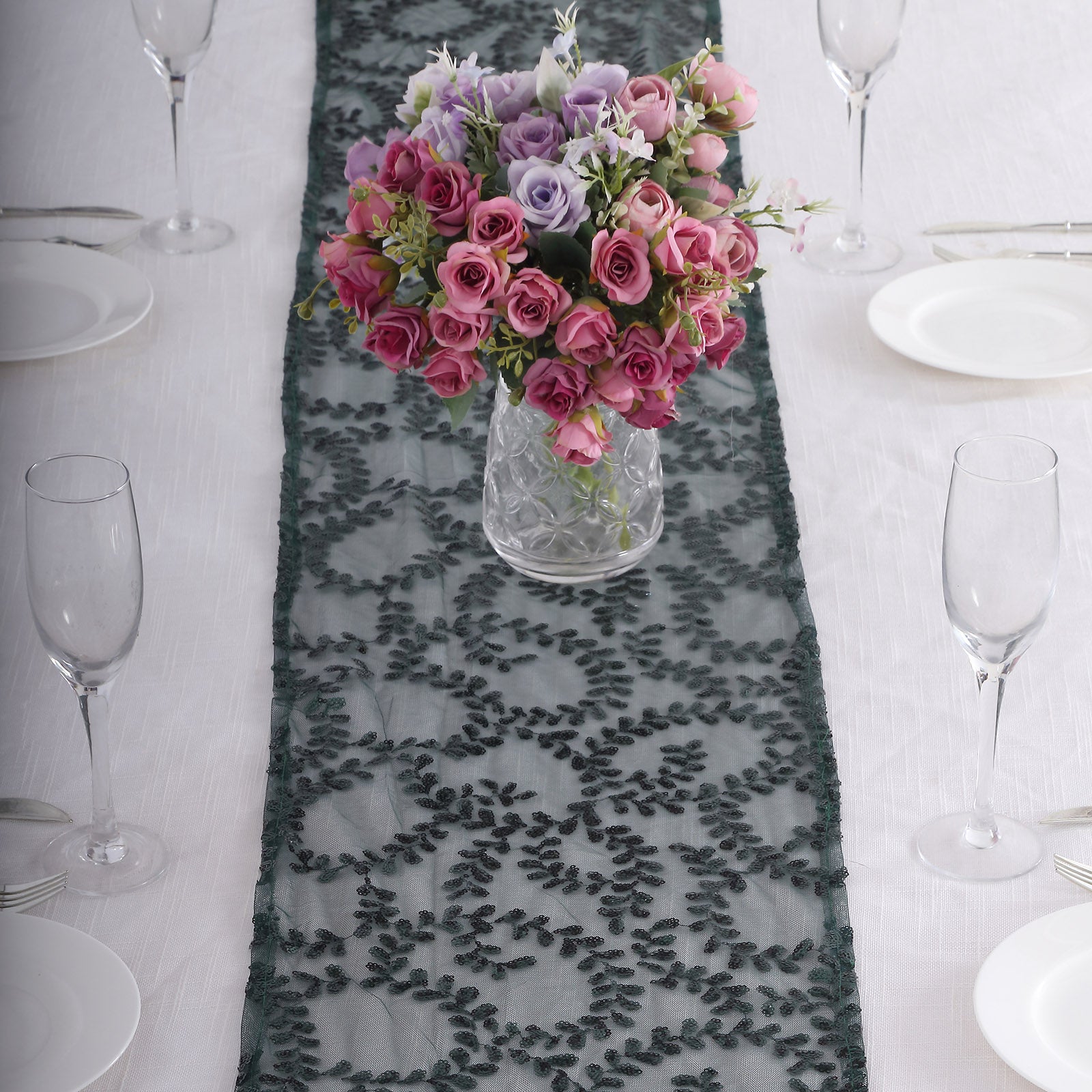 Hunter Green Sequin Tulle Table Runner 12"x108" | tcflinen.com