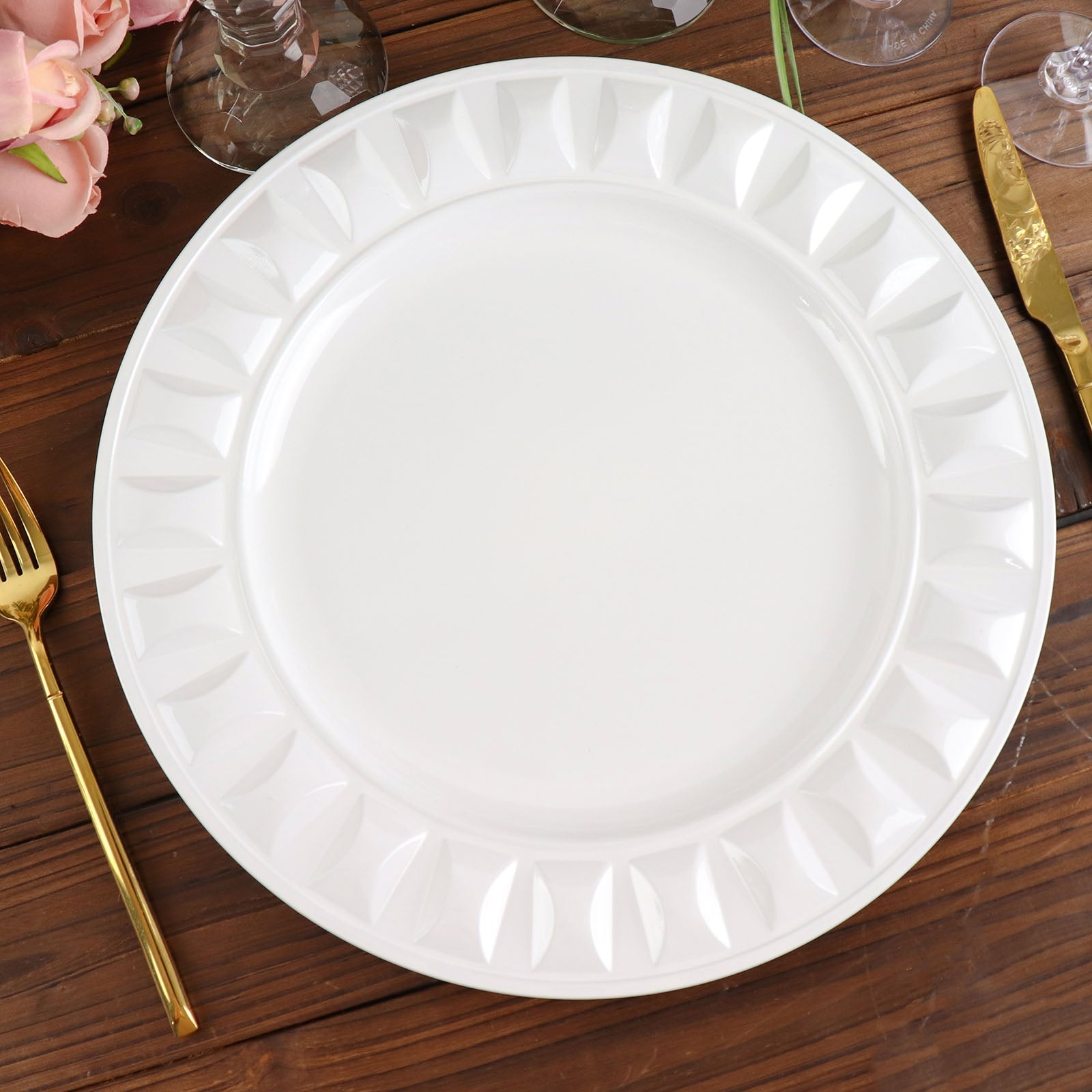 6 pk 13in White Bejeweled Rim Charger Trays | TCFLinen