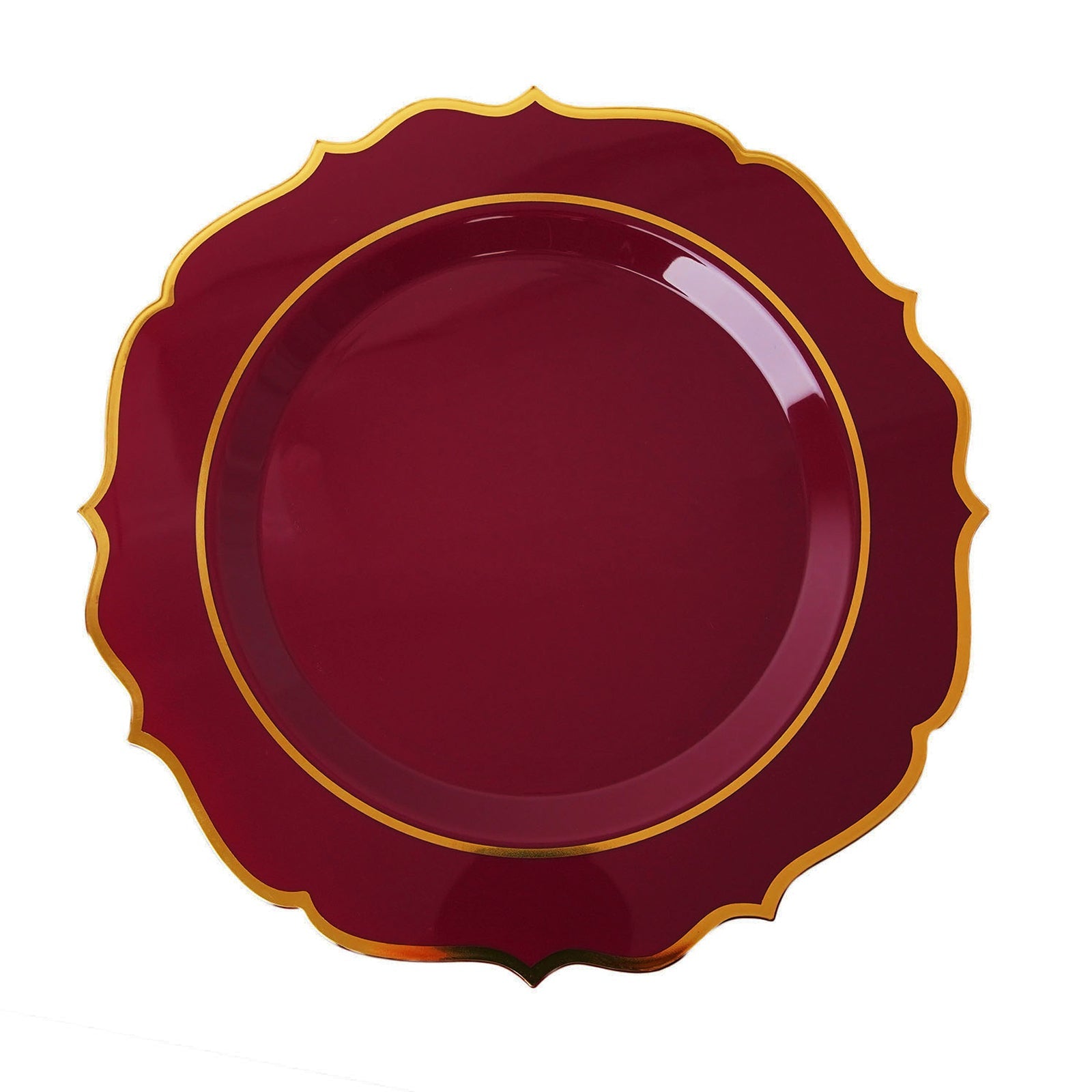 10 pk 10in Burgundy Dinner Plates Gold Rim | TCFLinen