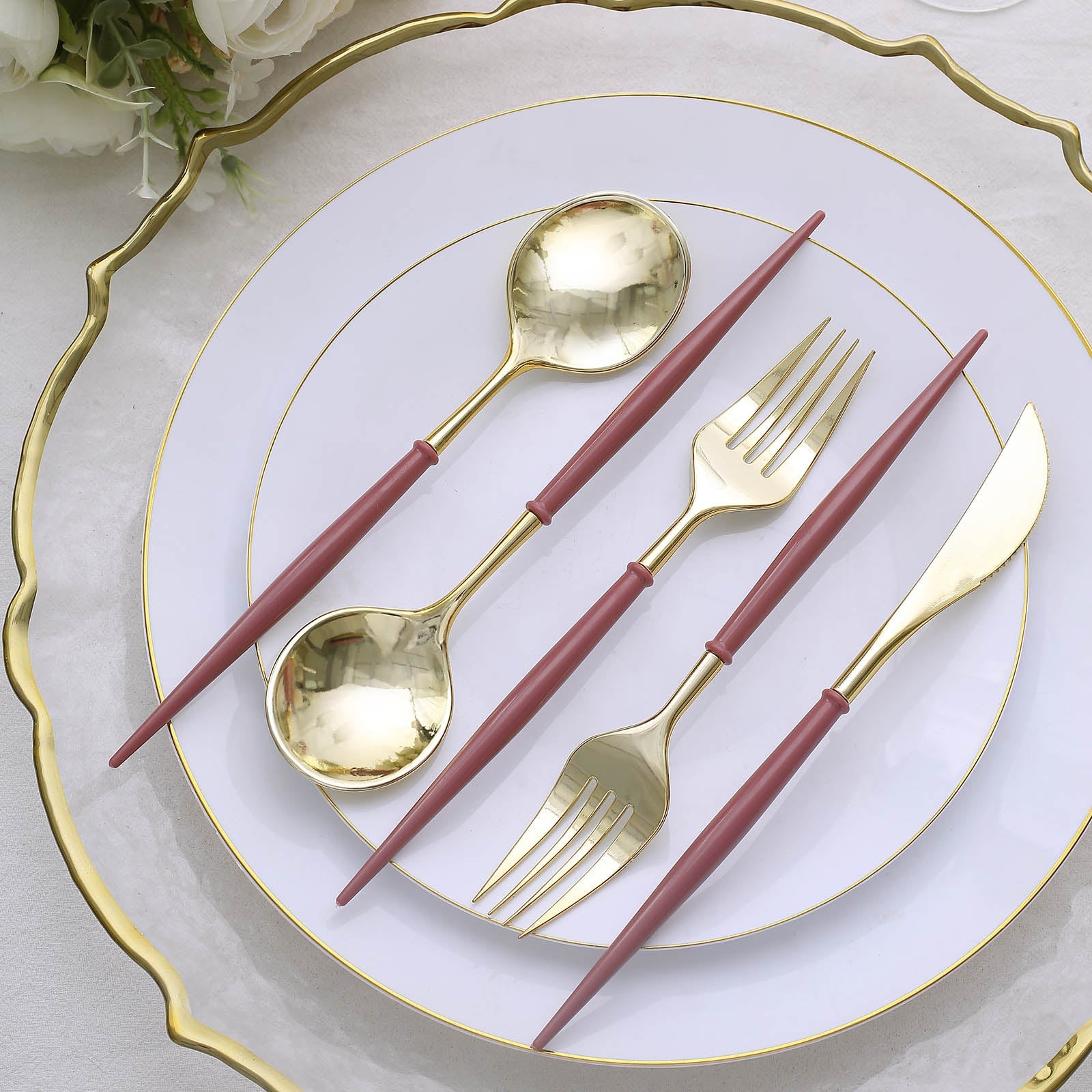 Gold Cinnamon Rose Disposable Silverware Set | tcflinen.com