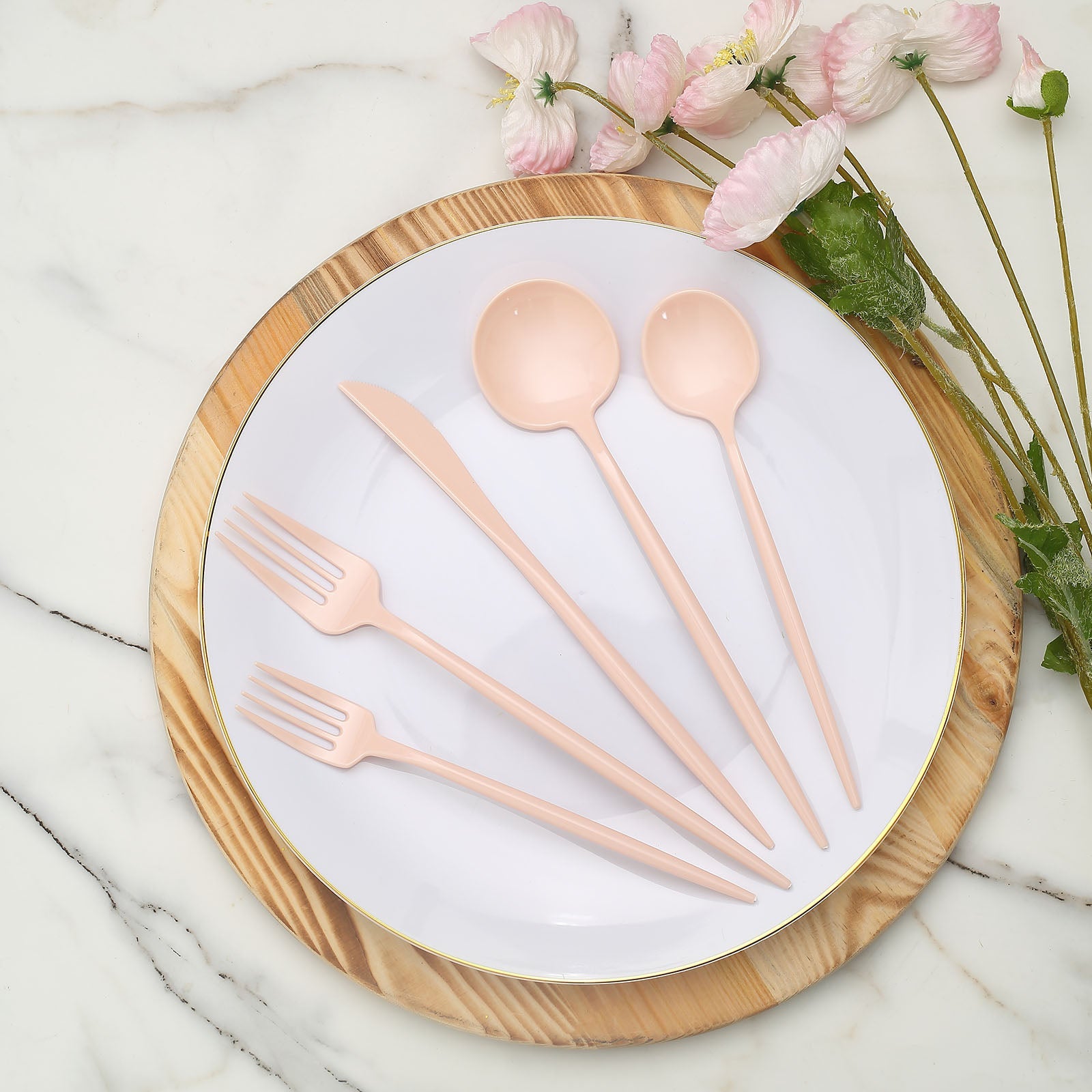 Blush Pink Heavy Duty Plastic Utensil Set 50 Pack | tcflinen.com