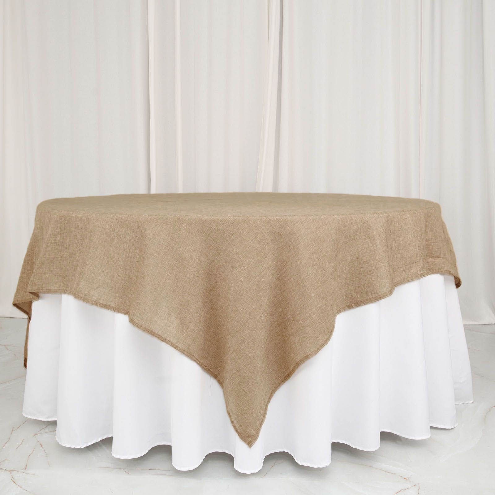 Natural Boho Chic Faux Burlap Jute Table Overlay | tcflinen.com
