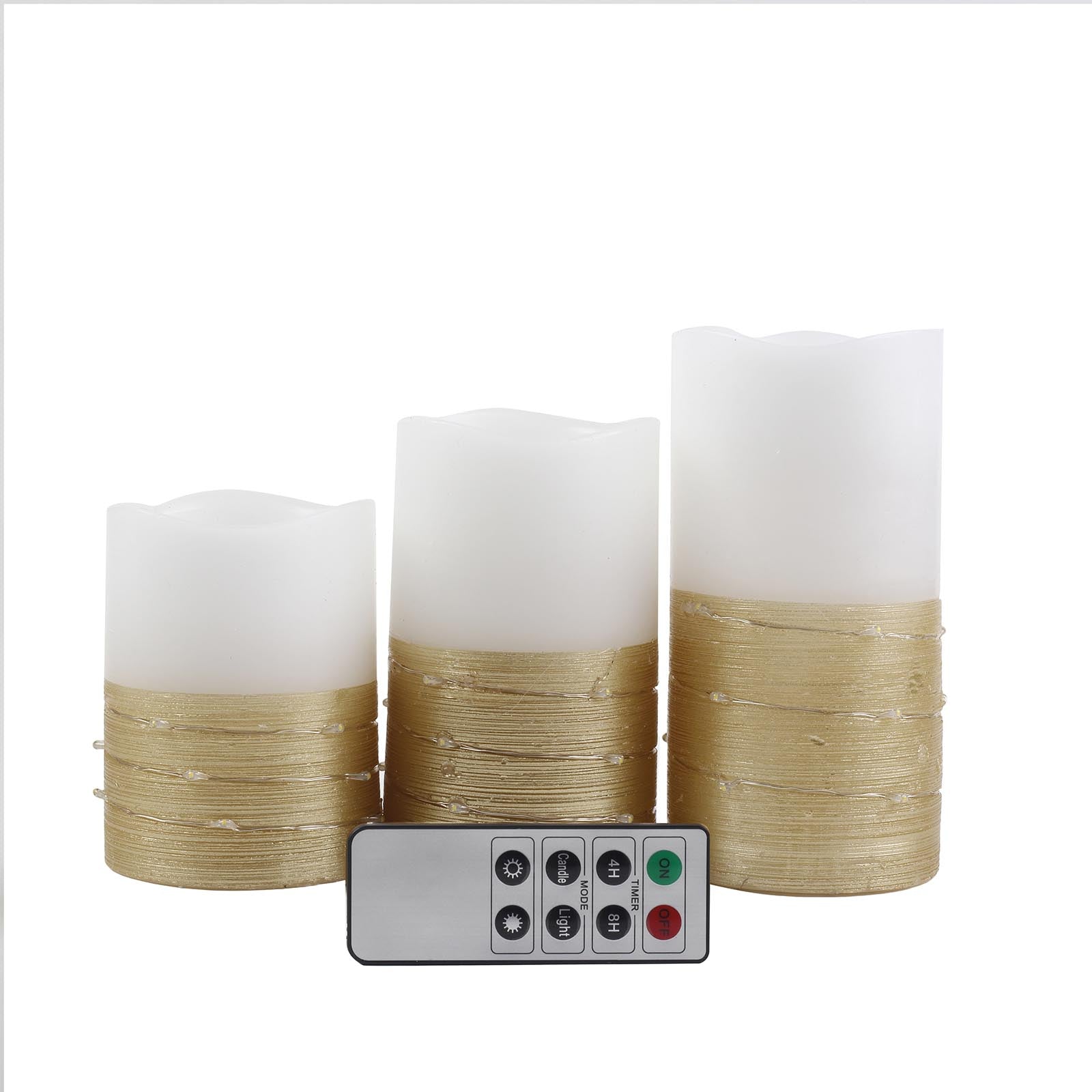 3-pk 4-6in Gold LED Flameless Pillar Candles | TCFLinen