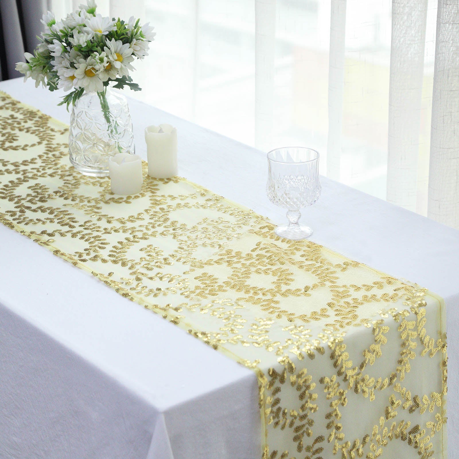 Sparkly Gold Leaf Vine Sequin Table Runner | tcflinen.com