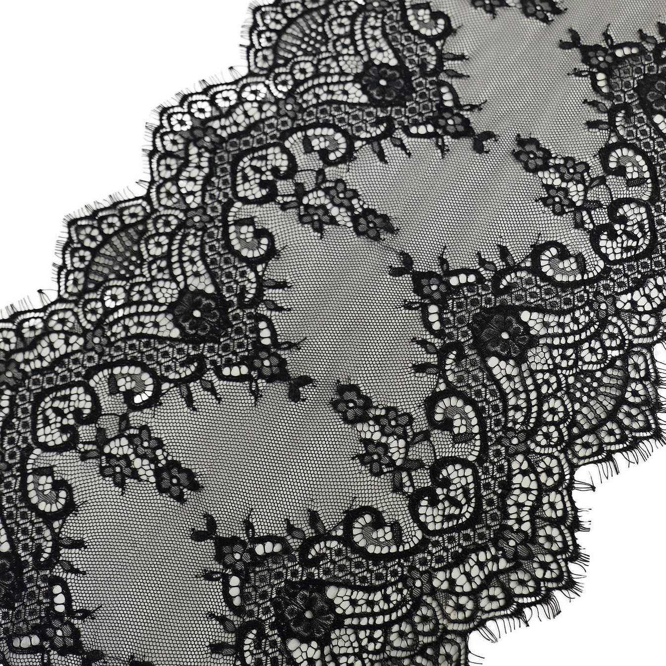 12-pk 15x117 Premium Black Lace Table Runner | TCFLinen