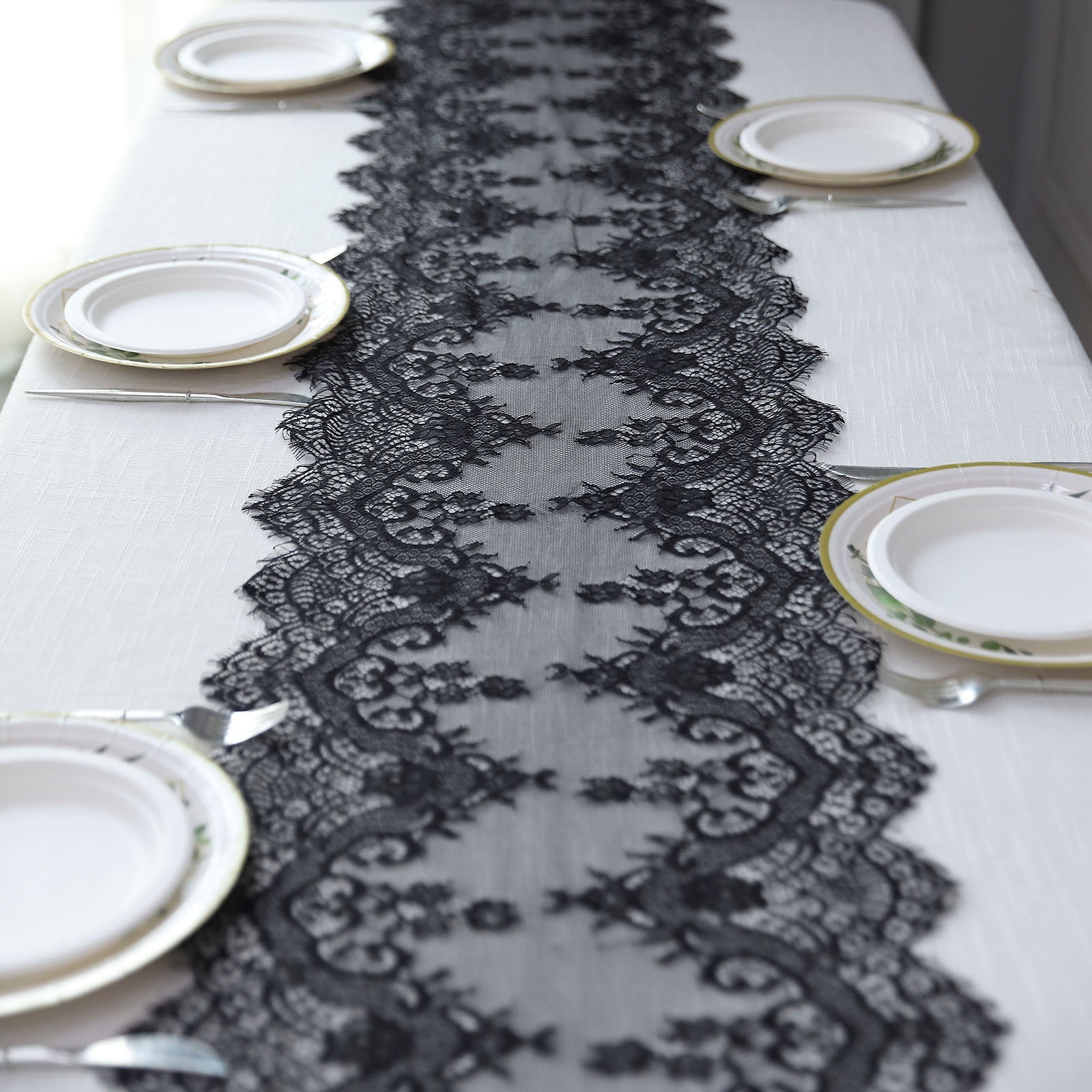 Black Lace Fabric Table Runner 15"x117" | tcflinen.com