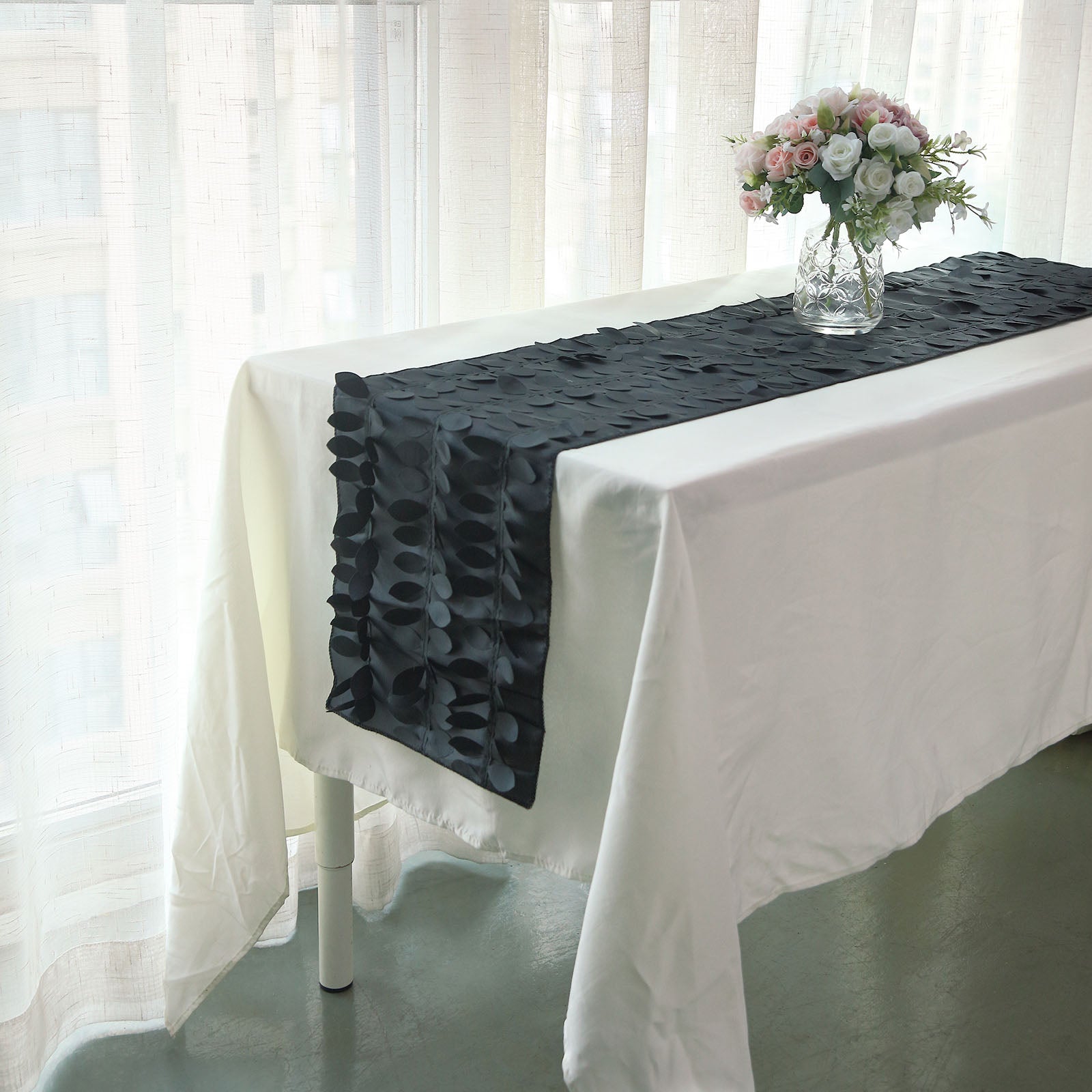 Black 3D Leaf Petal Taffeta Table Runner 12"x108" | tcflinen.com