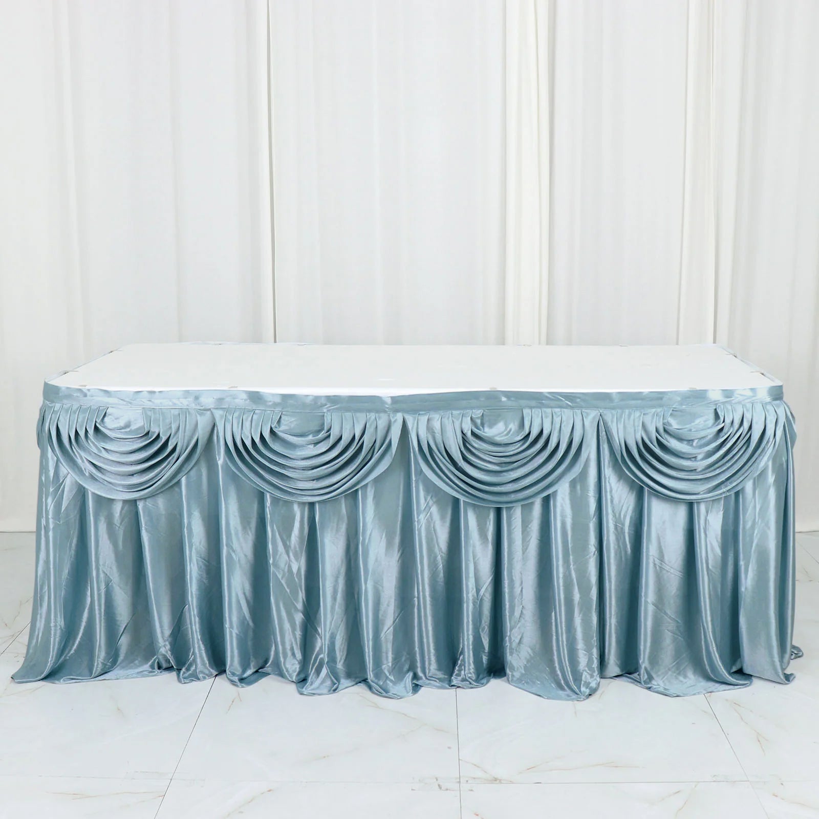 14ft Dusty Blue Pleated Satin Table Skirt | tcflinen.com