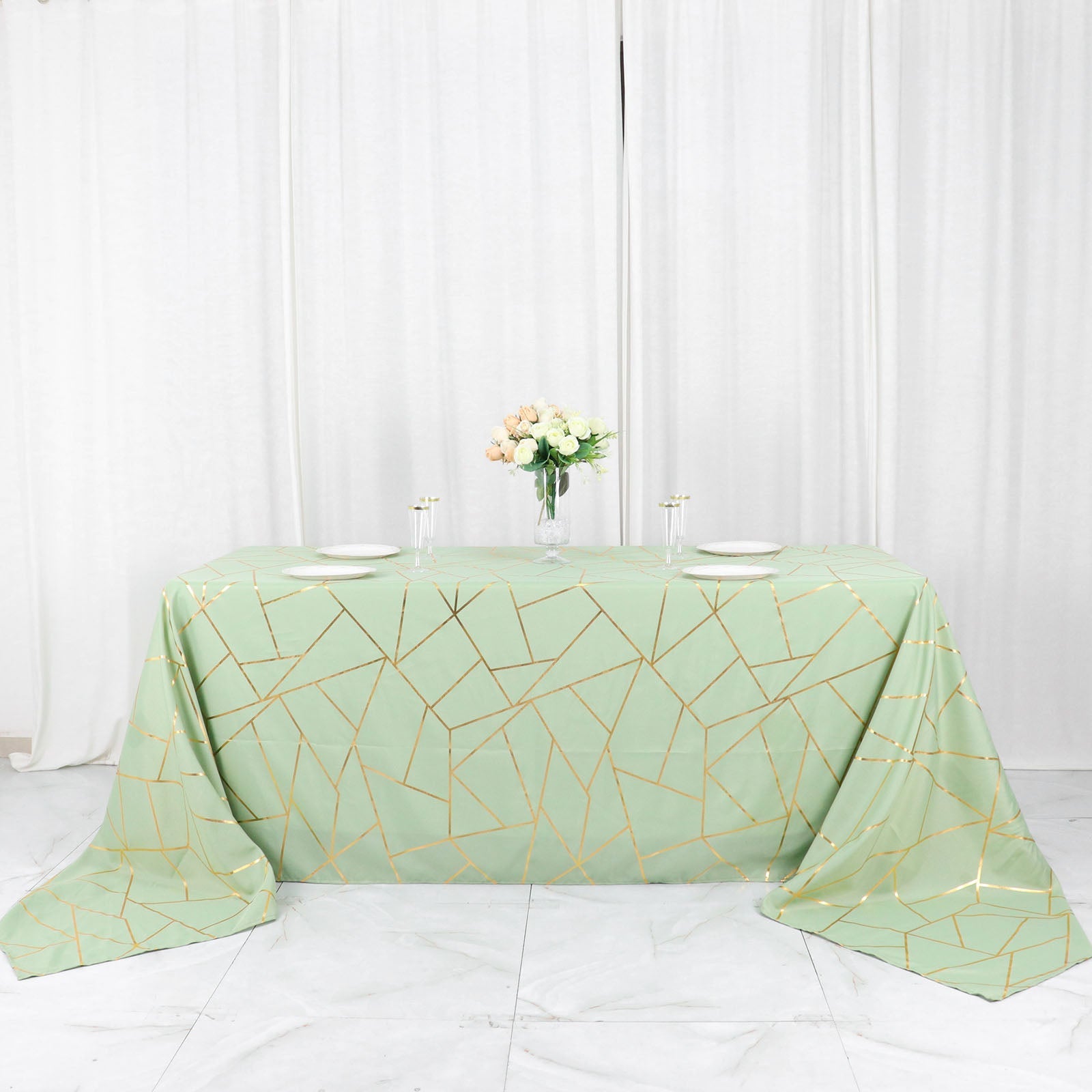 Case 90x156 Sage Poly Tablecloth Gold Foil | TCFLinen