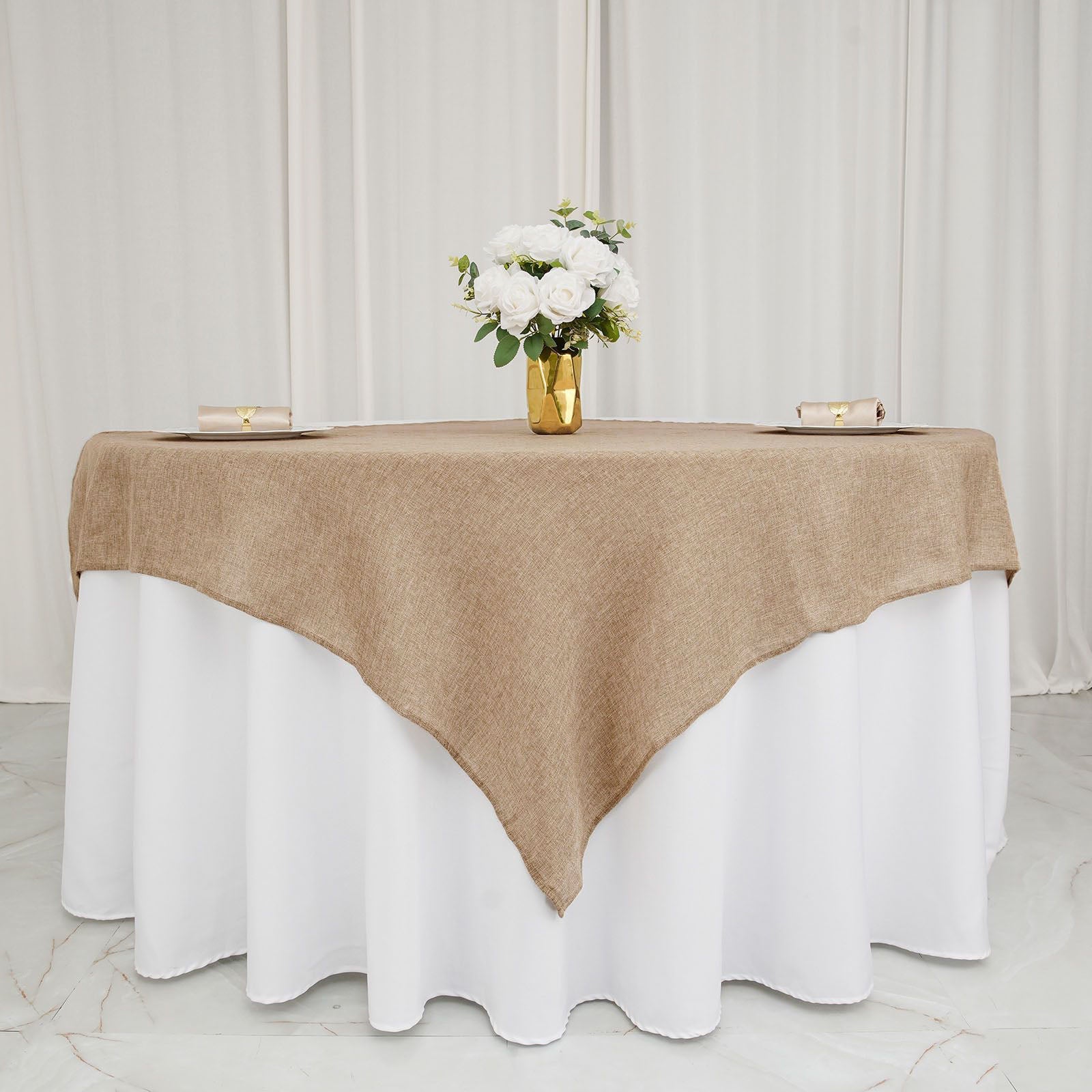 54" Natural Jute Faux Burlap Table Overlay | tcflinen.com