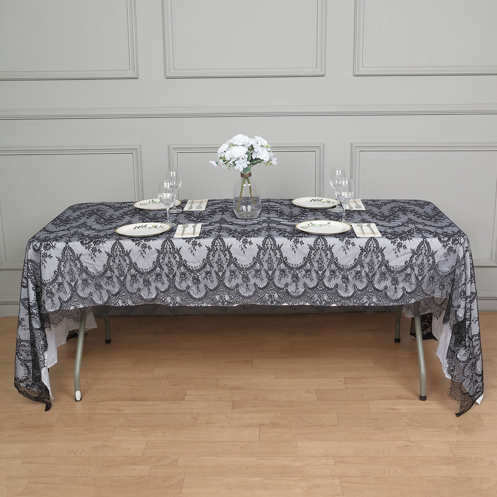 60"x120" Black Lace Rectangle Tablecloth | TCFLinen