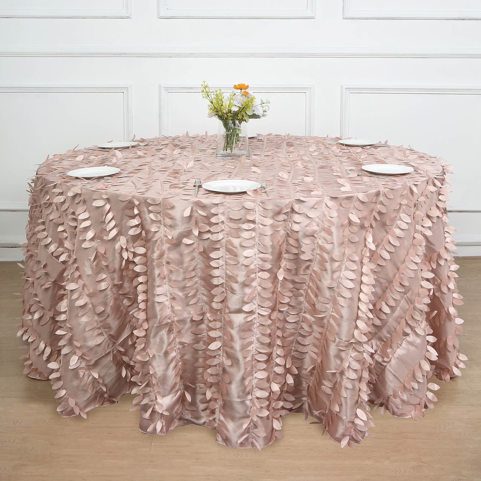 132" Dusty Rose 3D Leaf Petal Taffeta Tablecloth | tcflinen.com