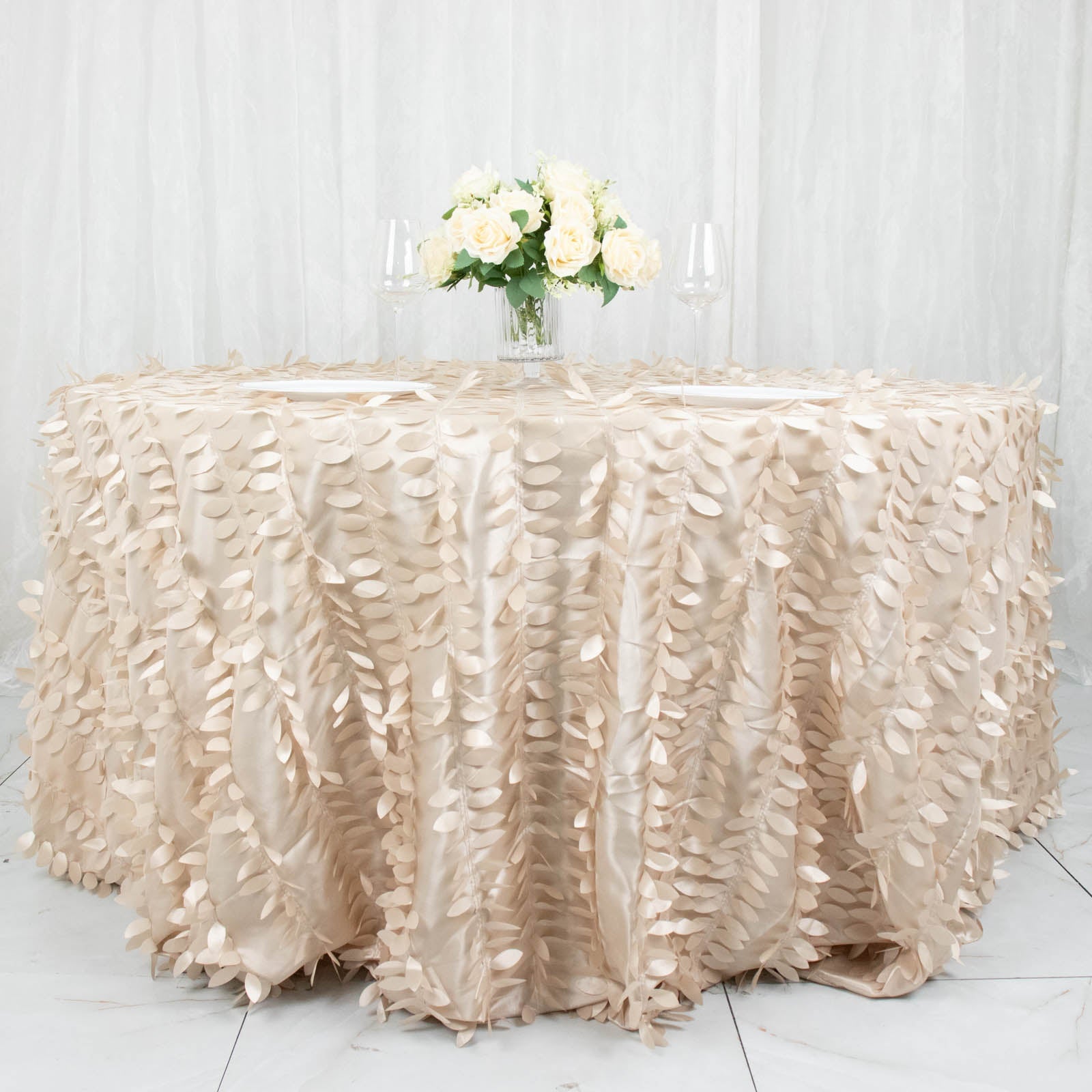132" Beige 3D Leaf Taffeta Tablecloth | tcflinen.com