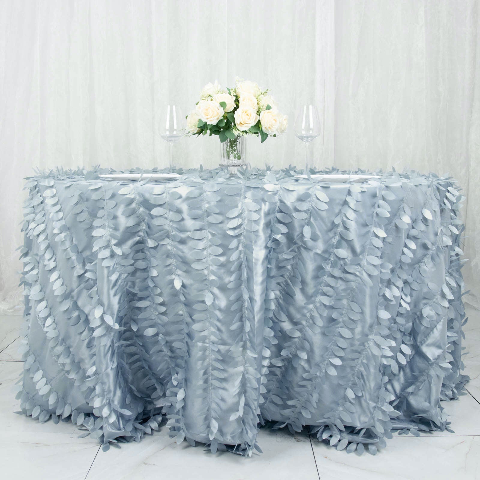 132" Dusty Blue 3D Leaf Taffeta Tablecloth | tcflinen.com