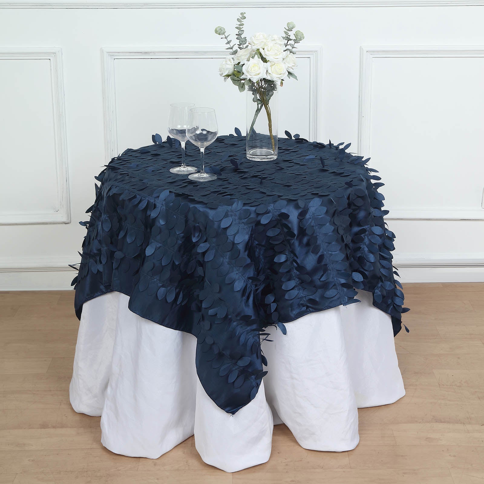 10pk 54" Navy 3D Leaf Petal Taffeta Overlay | TCFLinen